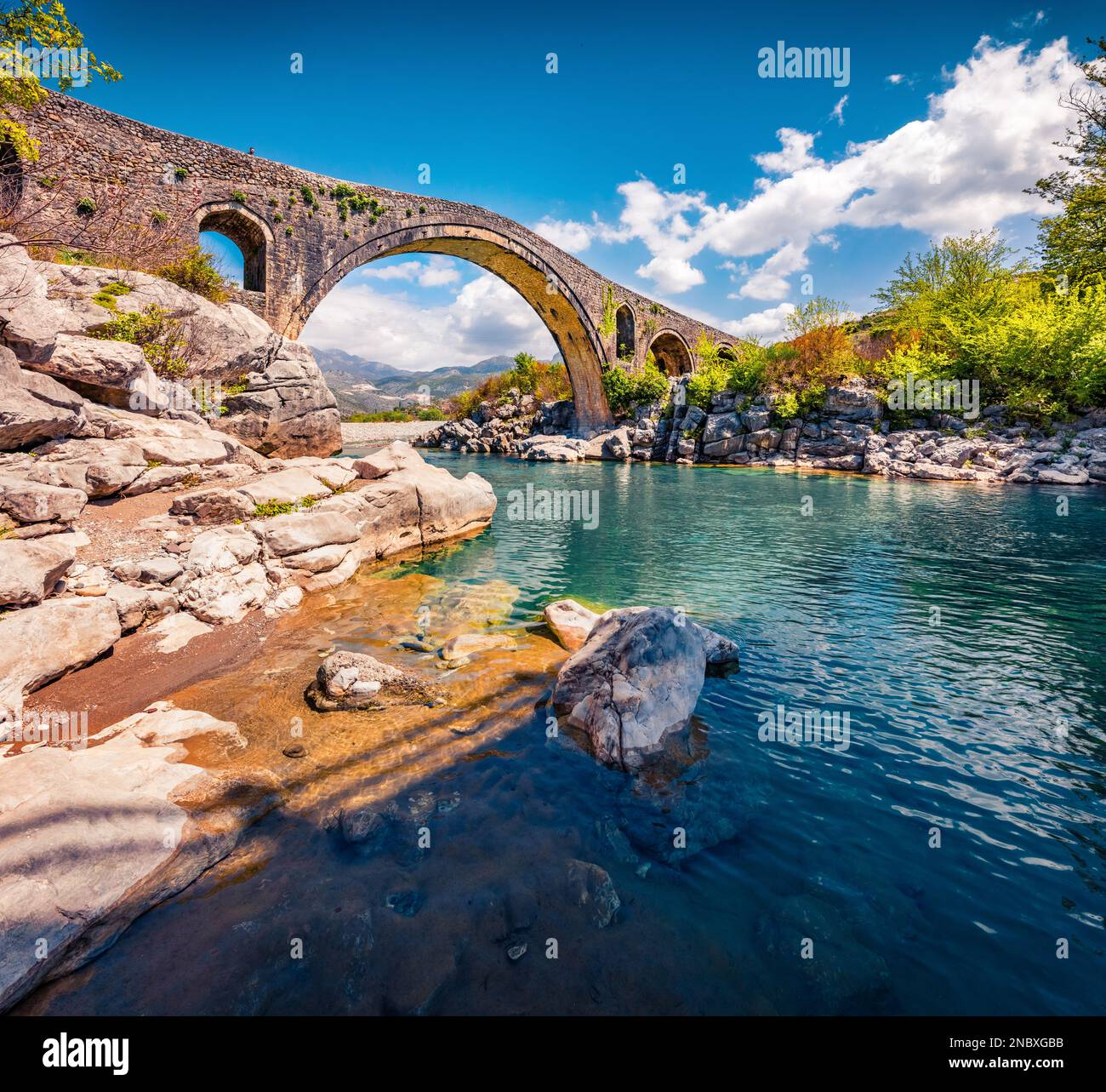 Spectacular spring view of Old Mes Bridge. Majestic morning landscape ...