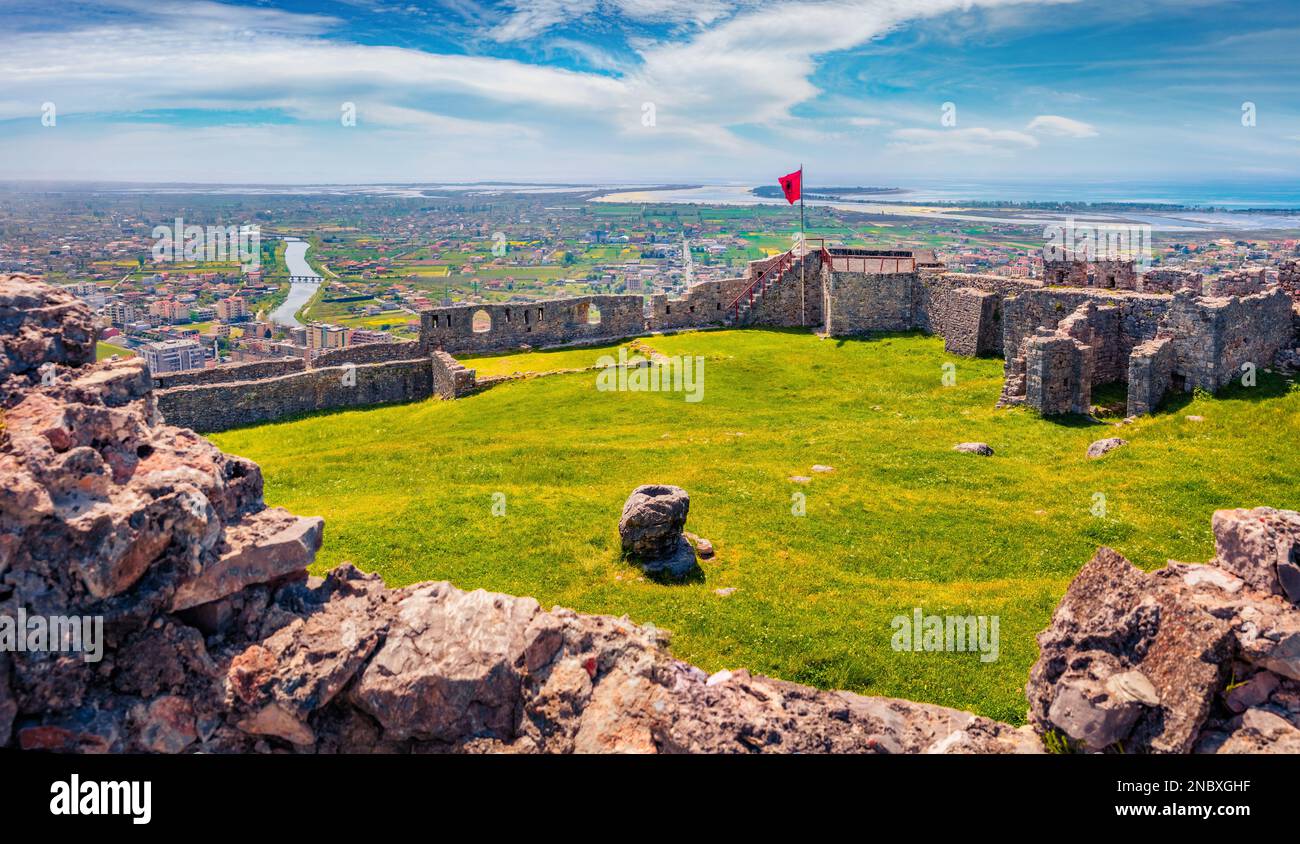 Magnificent spring view of ruins of Lezhe Fortress. Spectacular morning ...
