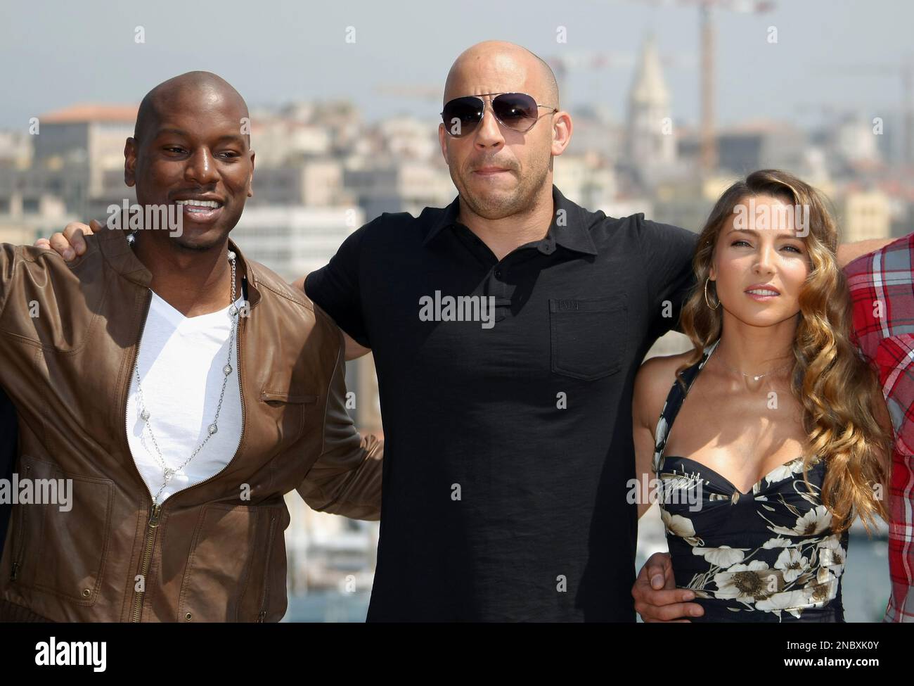 Actors Tyrese Gibson, left, Vin Diesel, center, and Elsa Pataky, pose ...