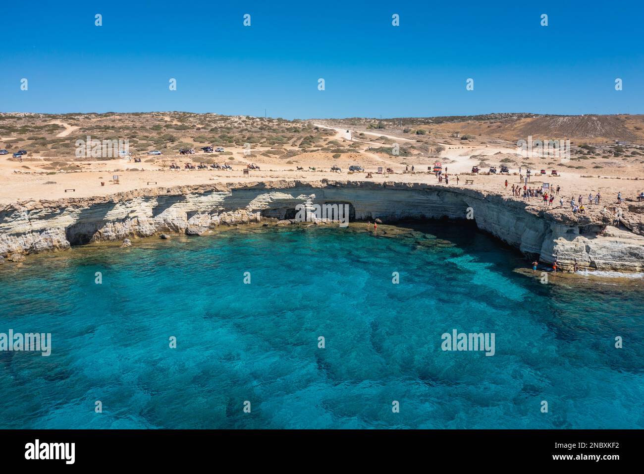 Aerial view of famous Sea Caves in Cape Greco National Forest Park in ...