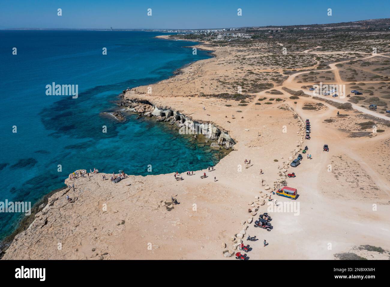 Aerial view of famous Sea Caves in Cape Greco National Forest Park in ...