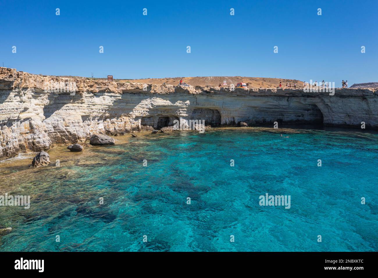 Aerial view of famous Sea Caves in Cape Greco National Forest Park in ...