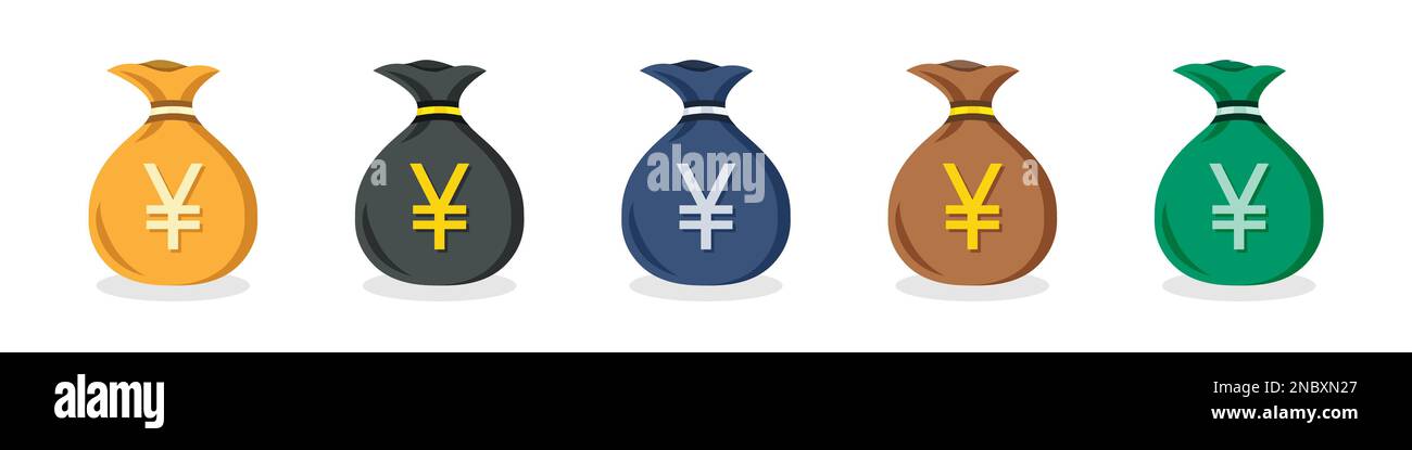 Set of yen or yuan money bag icons in different colors in a flat design ...