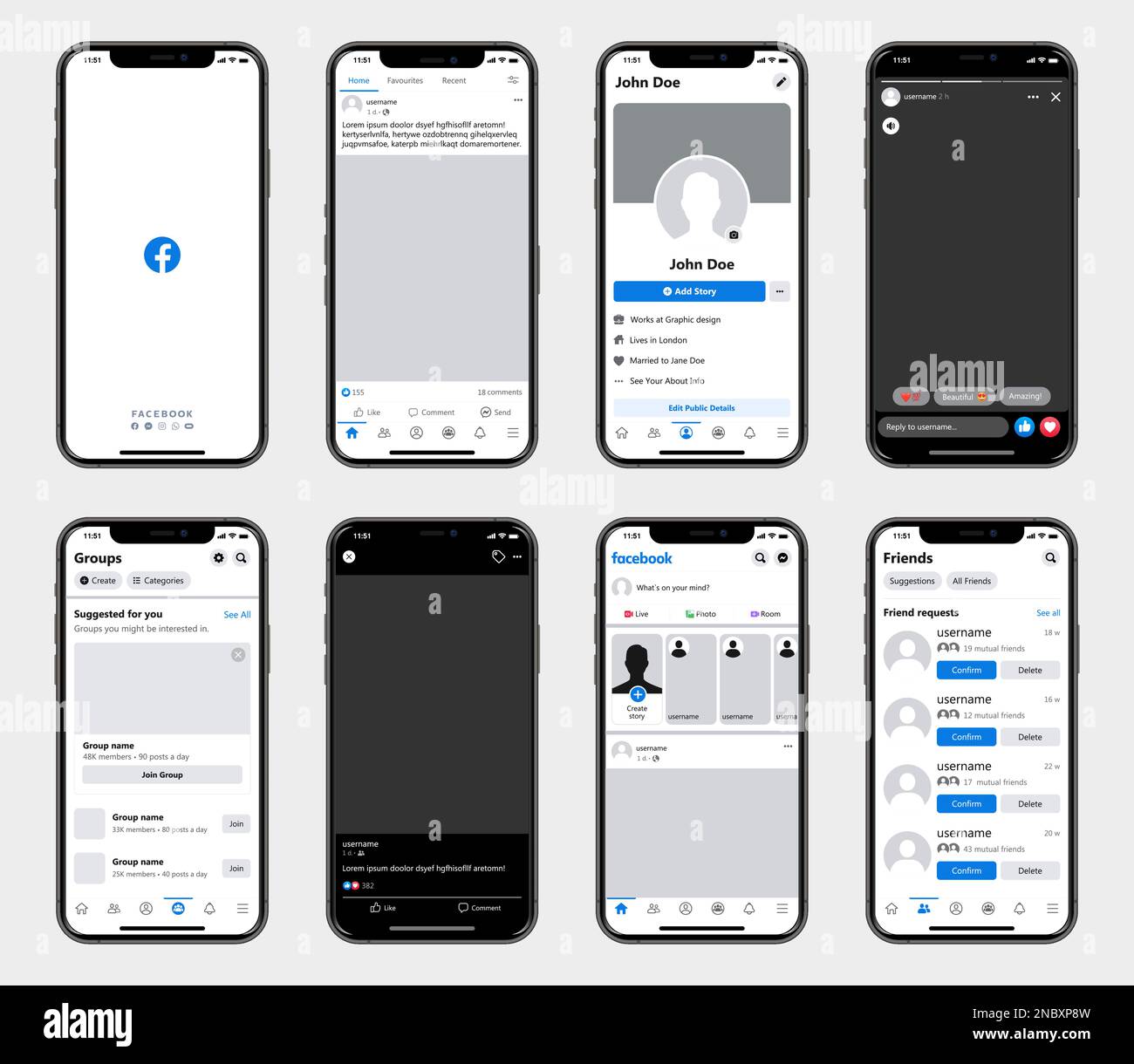 Facebook social network interface template on Apple Iphone smartphones ...