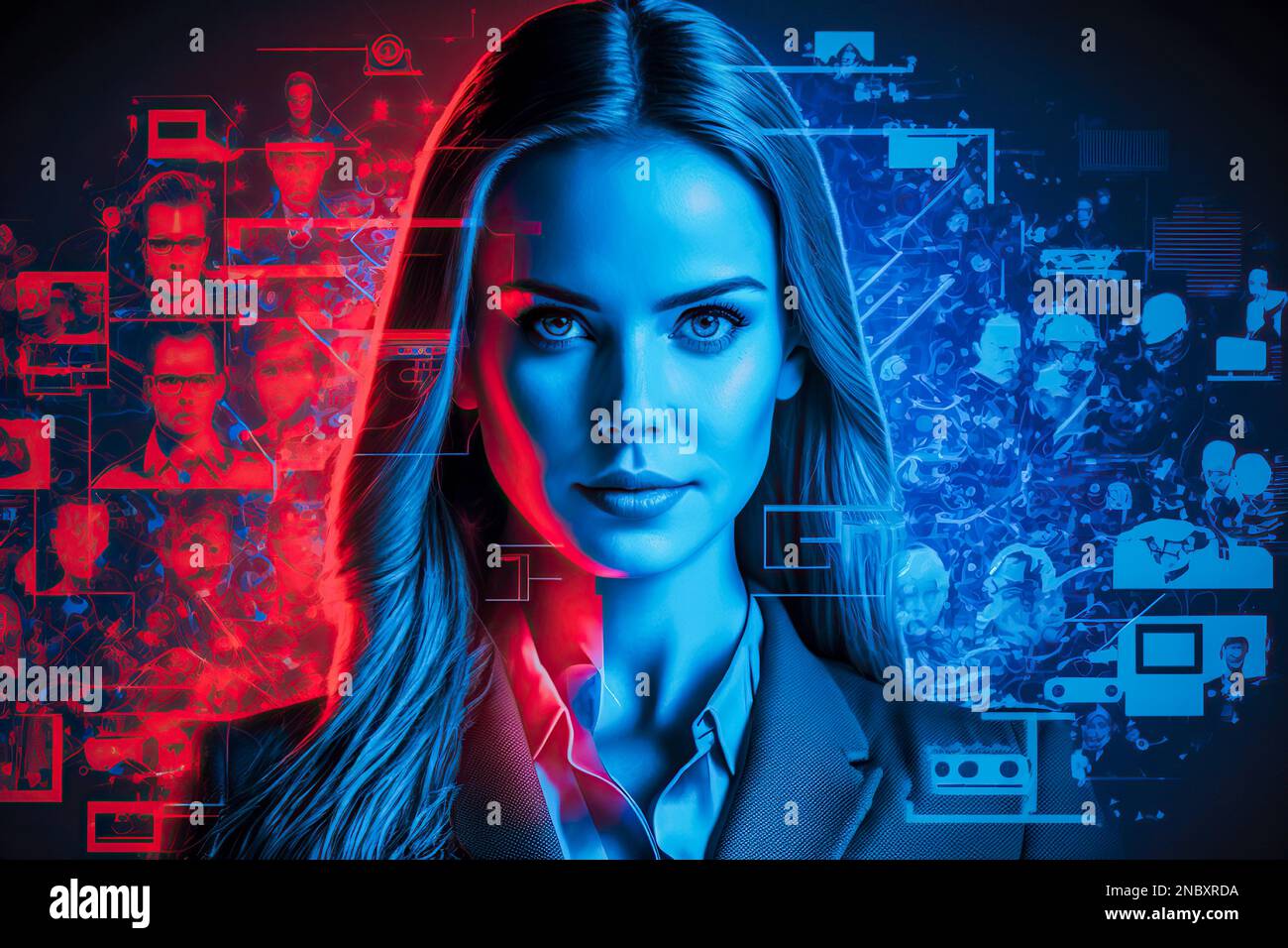 interface business office of the future, a woman in a blue modern ...