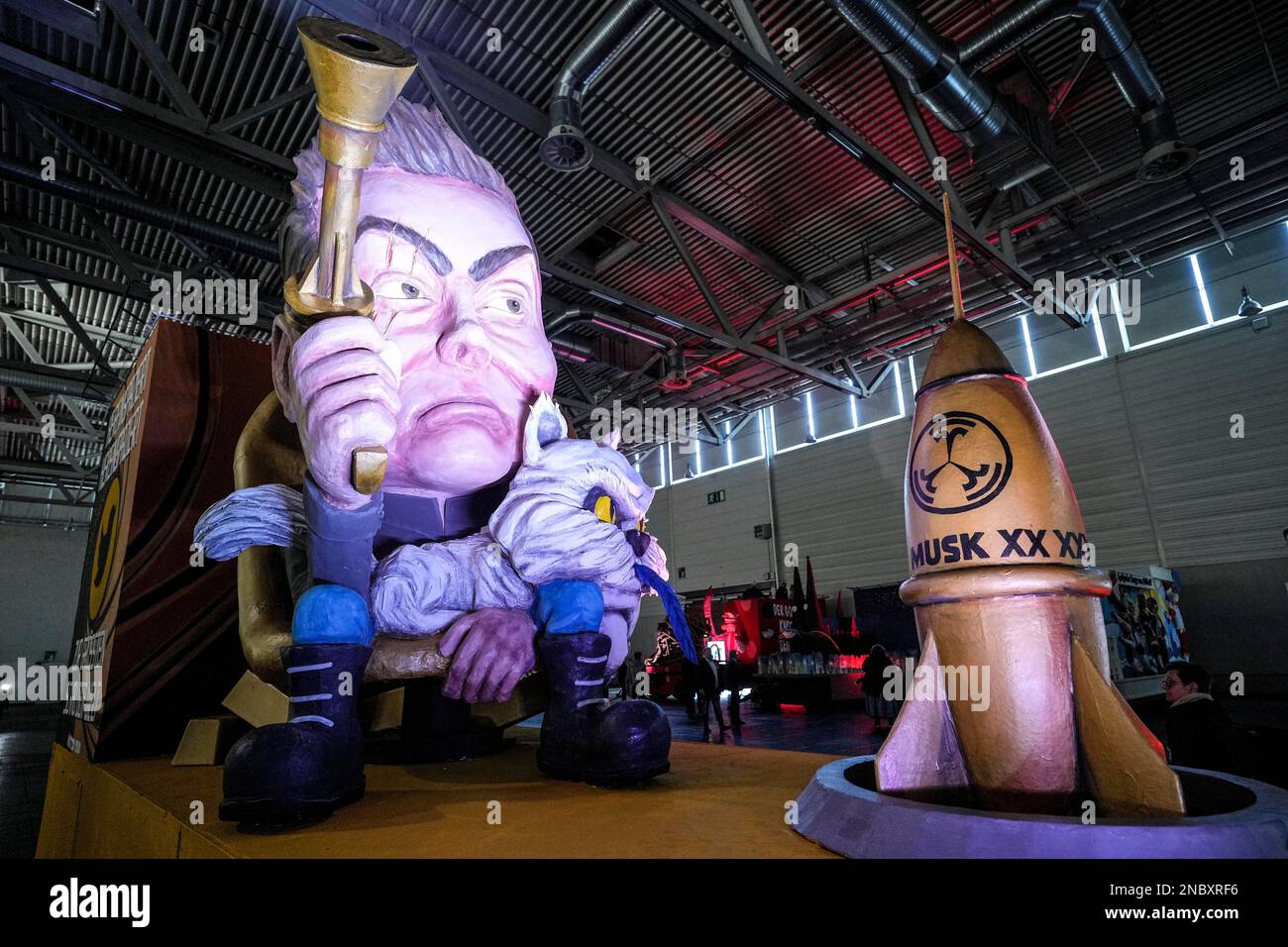 A carnival float depicts Elon Musk as a James Bond villain Blofeld at ...