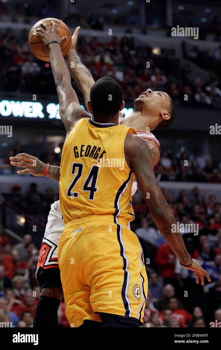 Indiana Pacers forward Paul George (24) rejects a shot by Chicago Bulls ...