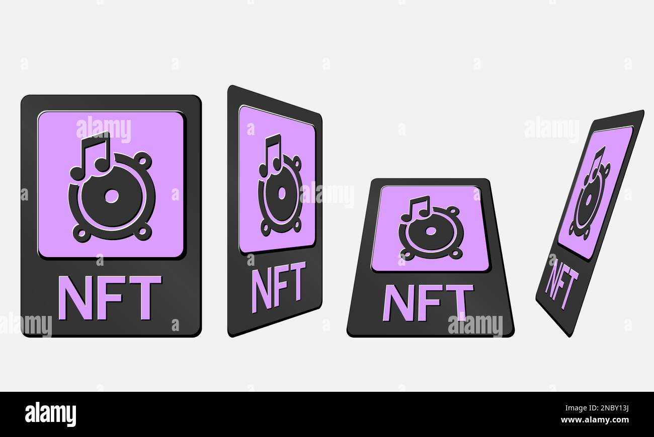 3D token NFT cards in crypto artwork. NFT card with music in perspective, top view in isometric ...
