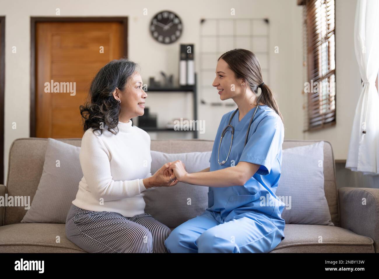Nurse, hands and senior patient in empathy, safety and support of help ...