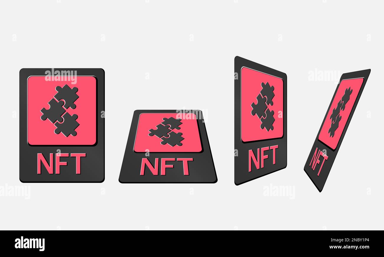 3D token NFT cards in crypto artwork. NFT card with game in perspective ...