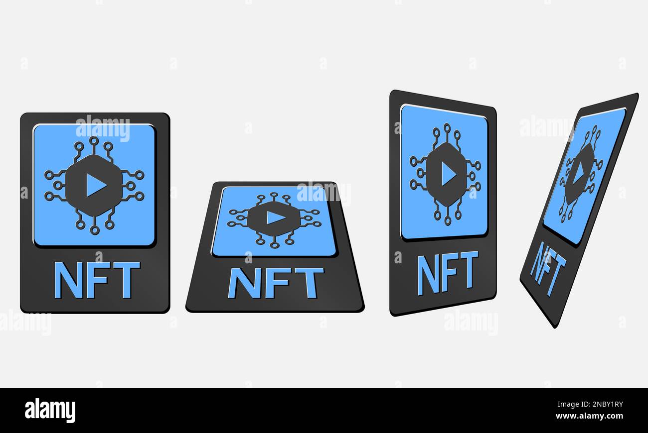 3D token NFT cards in crypto artwork. NFT card with video in perspective, top view in isometric ...