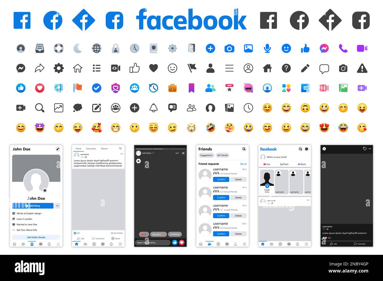 Facebook social network app interface icons and smartphone frame screen ...