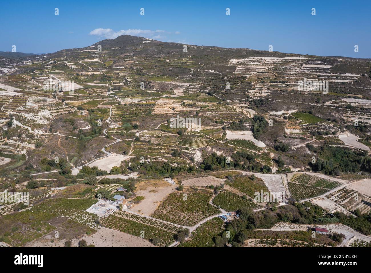 Terrace fields around Omodos town in Troodos Mountains on Cyprus island ...