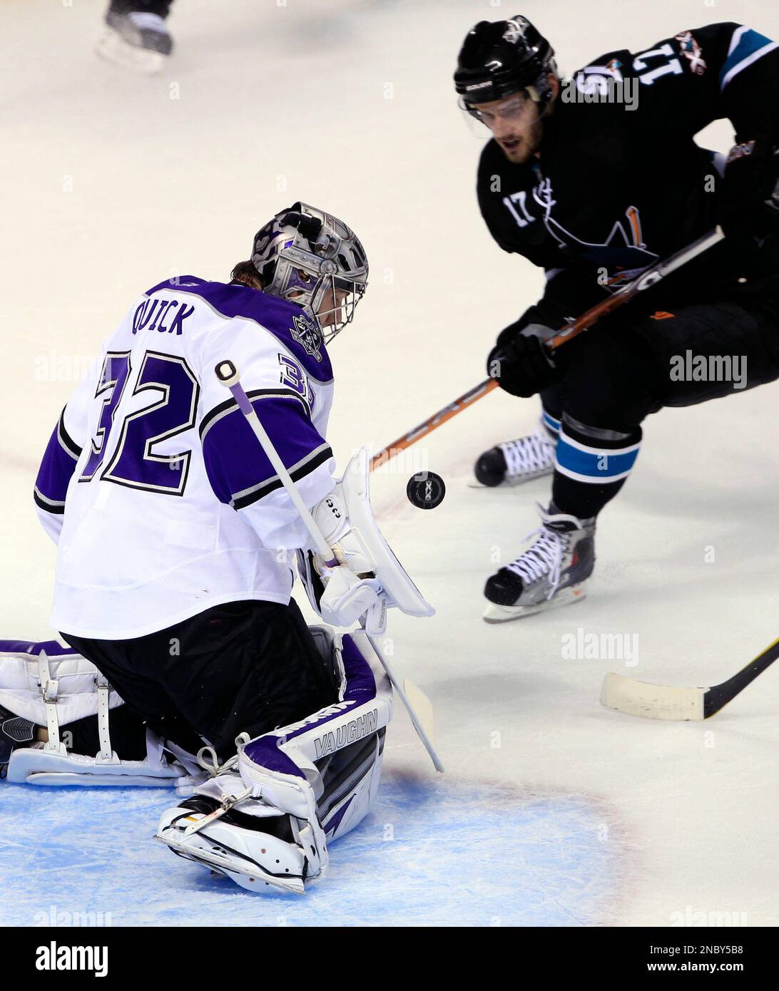 Los Angeles Kings goalie Jonathan Quick (32) blocks a shot by San Jose ...