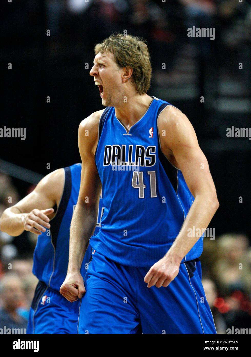 Dallas Mavericks' Dirk Nowitzki (41), of Germany, shouts at a official ...