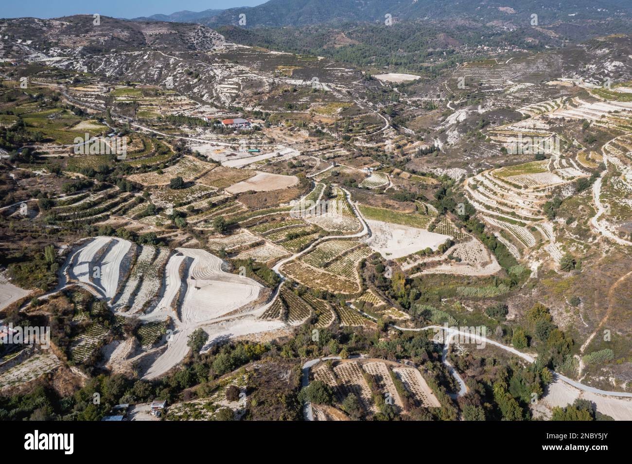 Aerial drone photo of terrace fields around Omodos in Troodos Mountains ...