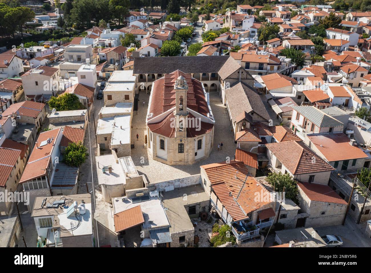 Aerial view of Monastery of the Holy Cross in Omodos town in Troodos ...