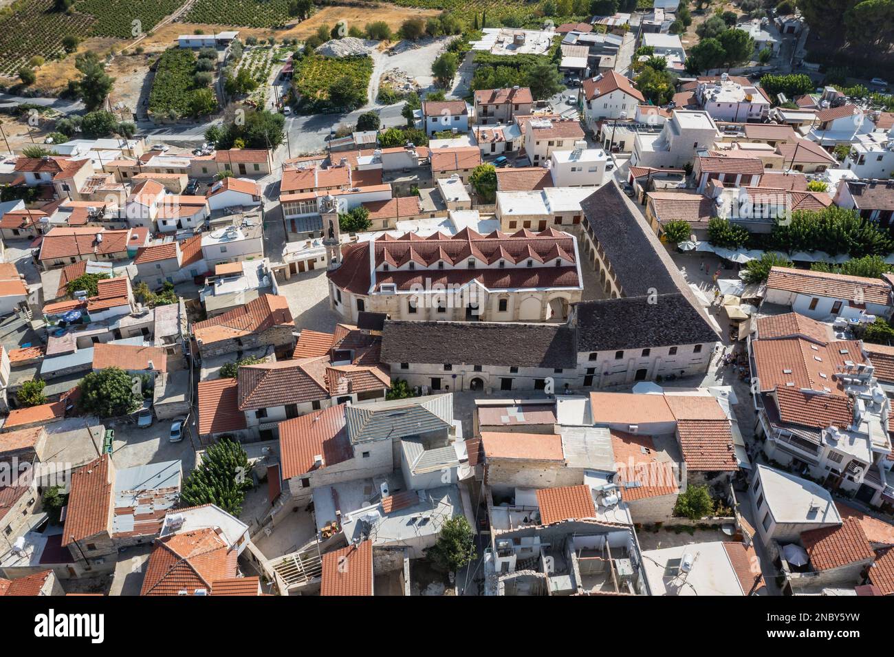 Aerial view of Omodos town in Troodos Mountains on Cyprus island ...