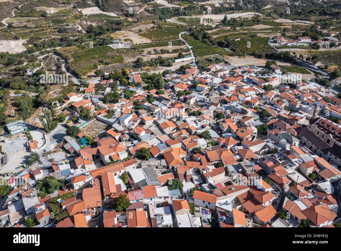 Aerial view of Omodos town in Troodos Mountains in Cyprus island ...