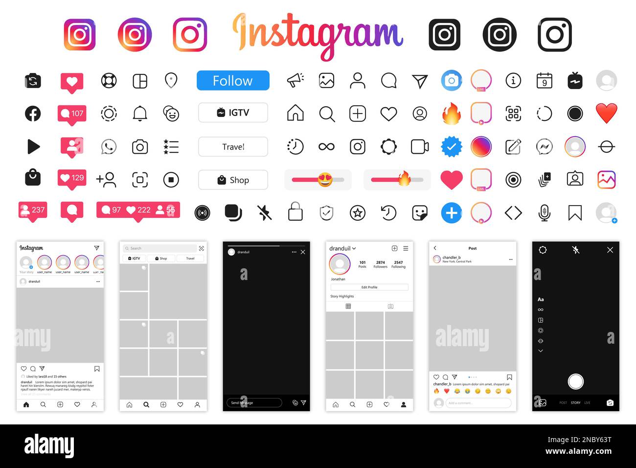 Instagram social network app interface icons and smartphone frame ...