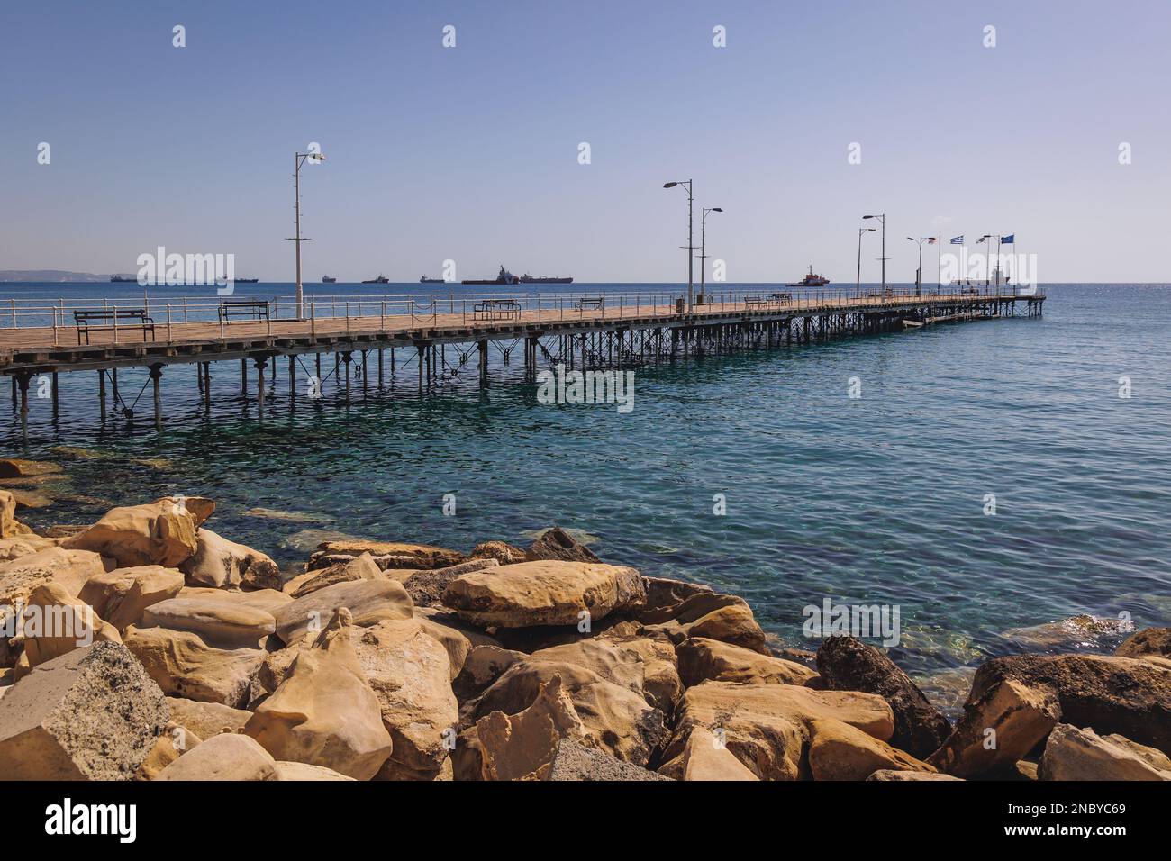 Tourists pier in Molos sea front park of Limassol city in Cyprus island ...