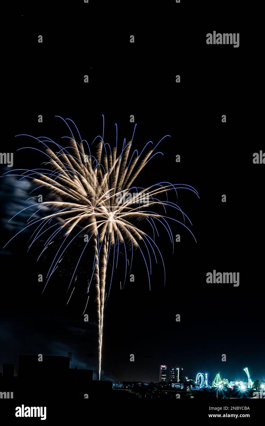 Vertical image of a fireworks show with pyrotechnics launched at ...
