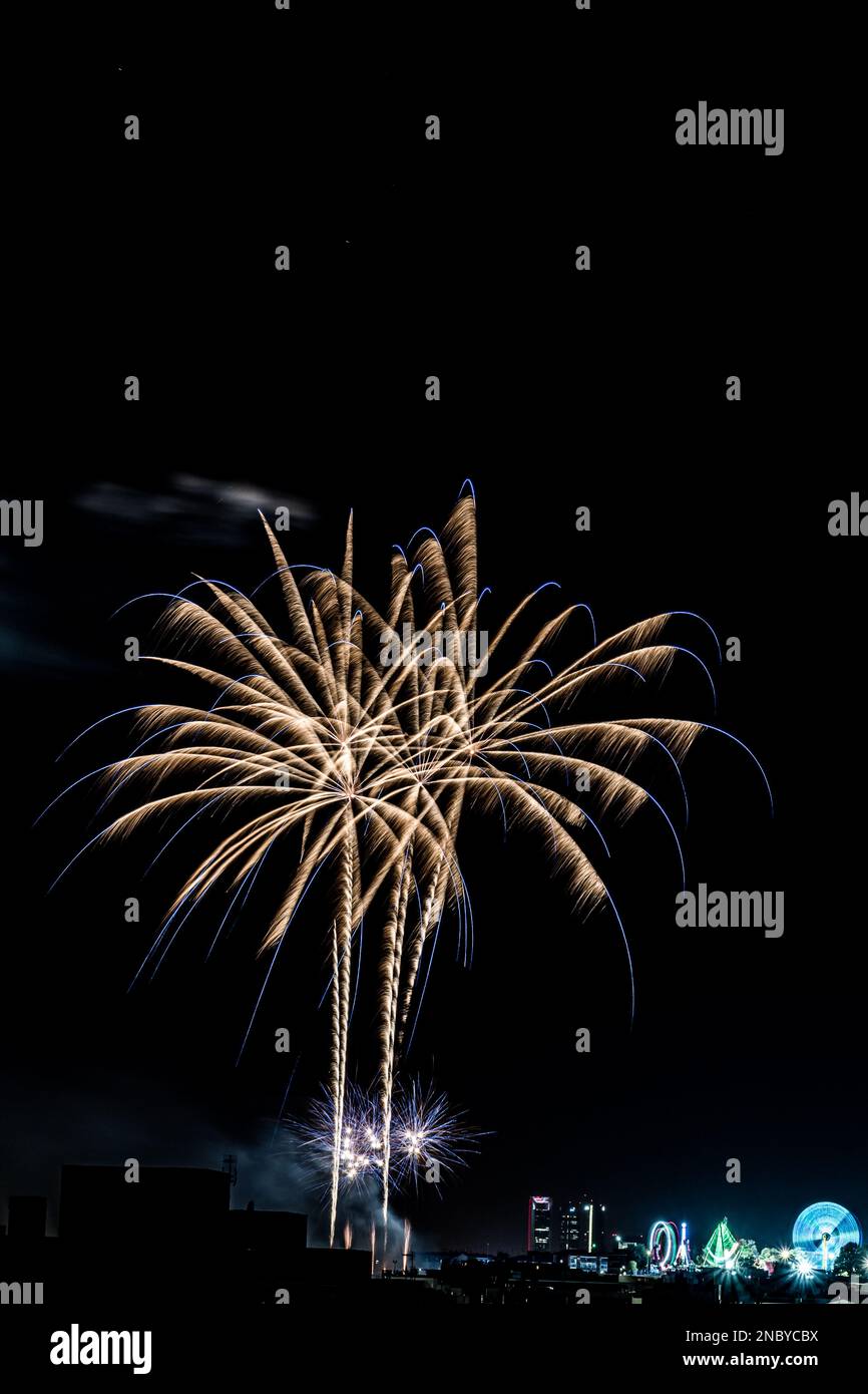 Vertical image of a fireworks show with pyrotechnics launched at ...