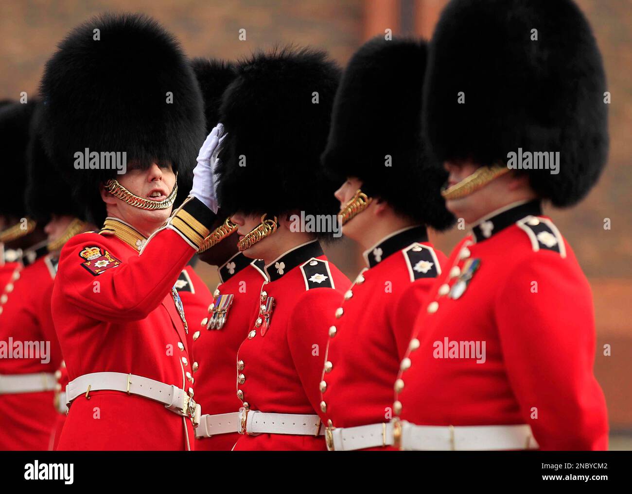 A Company Sergeant Major of the 1st Battalion Irish Guards inspects ...