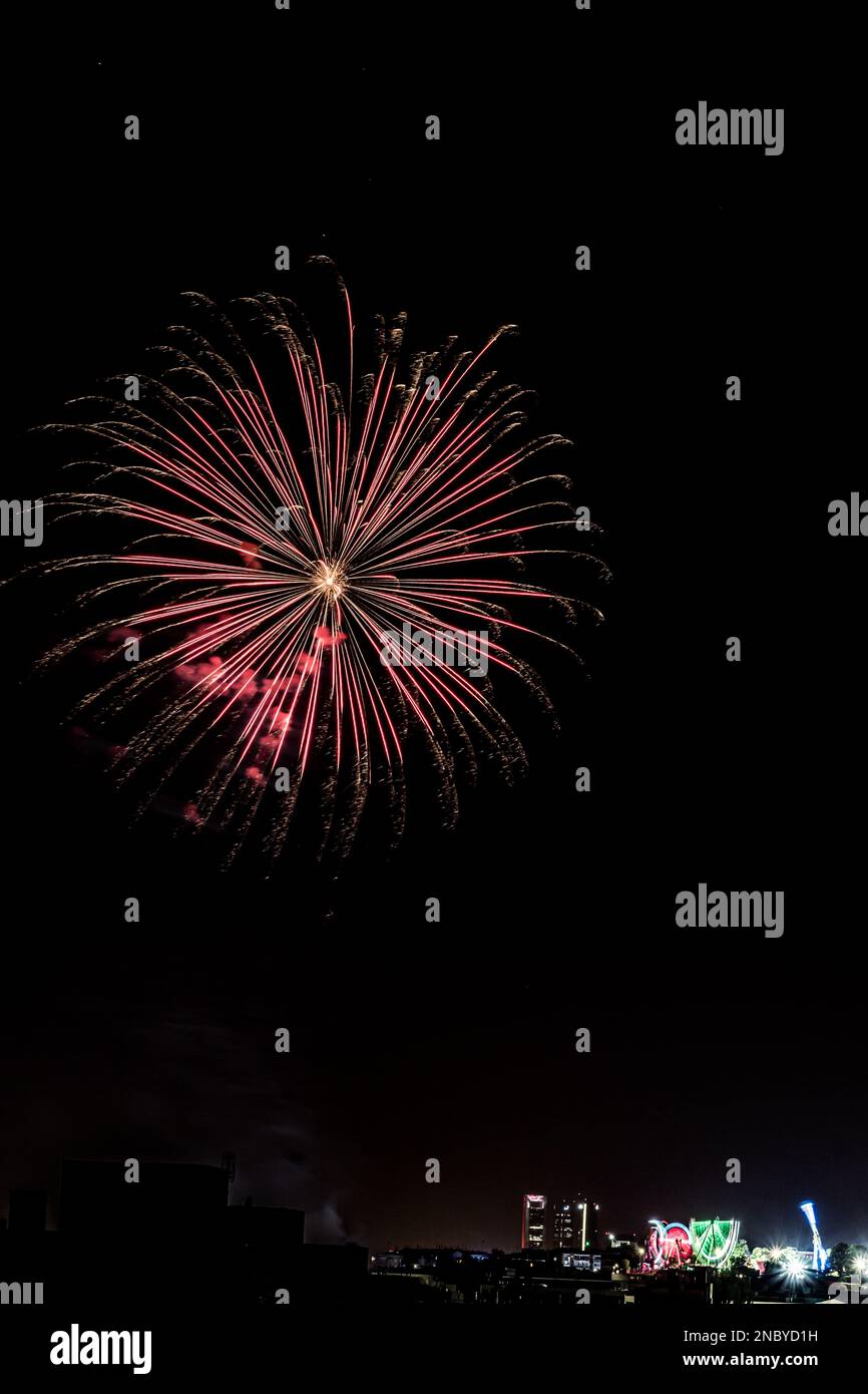 Vertical image of a fireworks show with pyrotechnics launched at ...