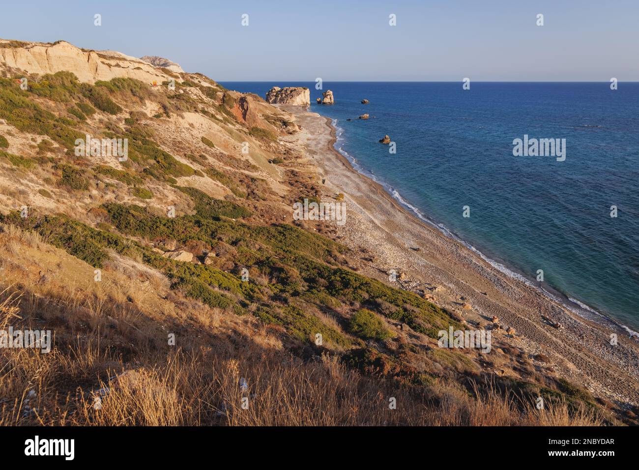 Aerial view with Petra tou Romiou - Rock of the Roman also known as ...