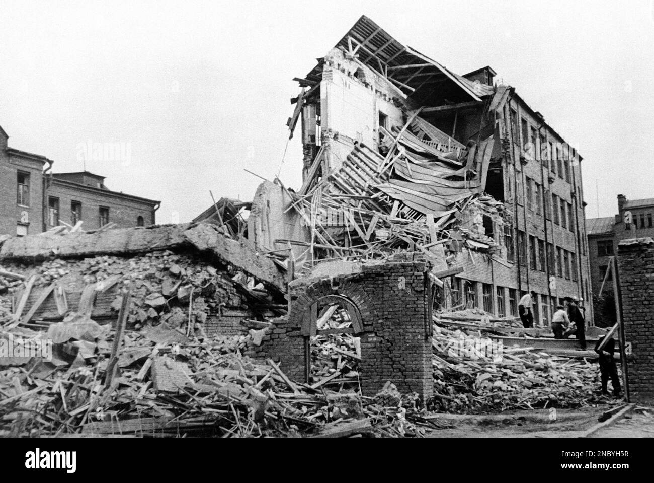 Demolished school buildings after a German air raid on Moscow, Russia ...