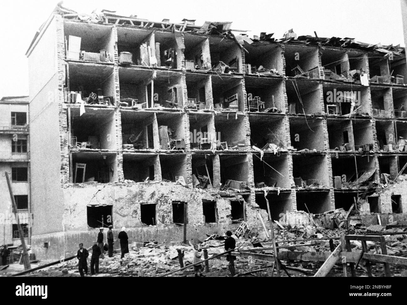 Whole wall of dwelling houses demolished after an raid on Moscow ...