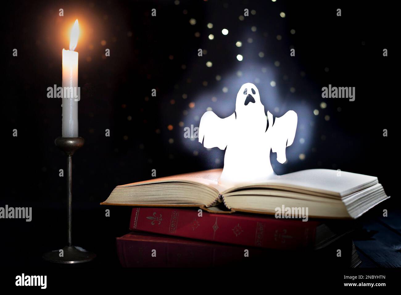 Glowing, shining ghost figure, rising from a book in a magical still ...