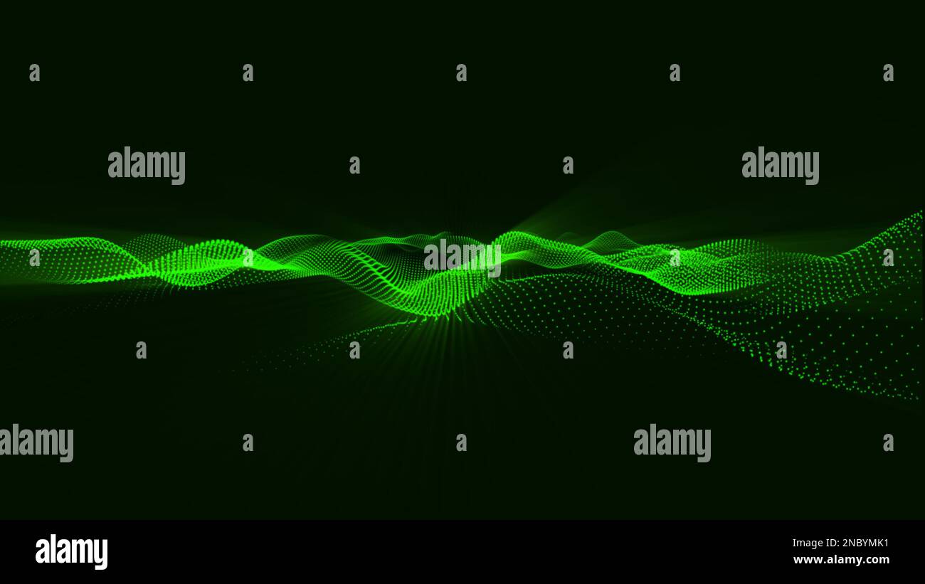Green abstract background with flowing particles. Beautiful wave shaped array of glowing dots ...
