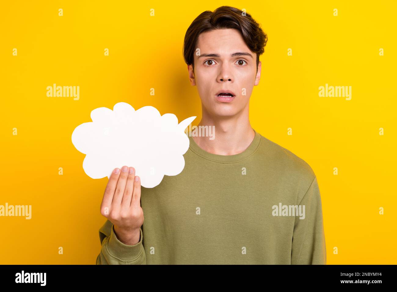 Portrait of impressed person arm hold empty space cloud figure card ...