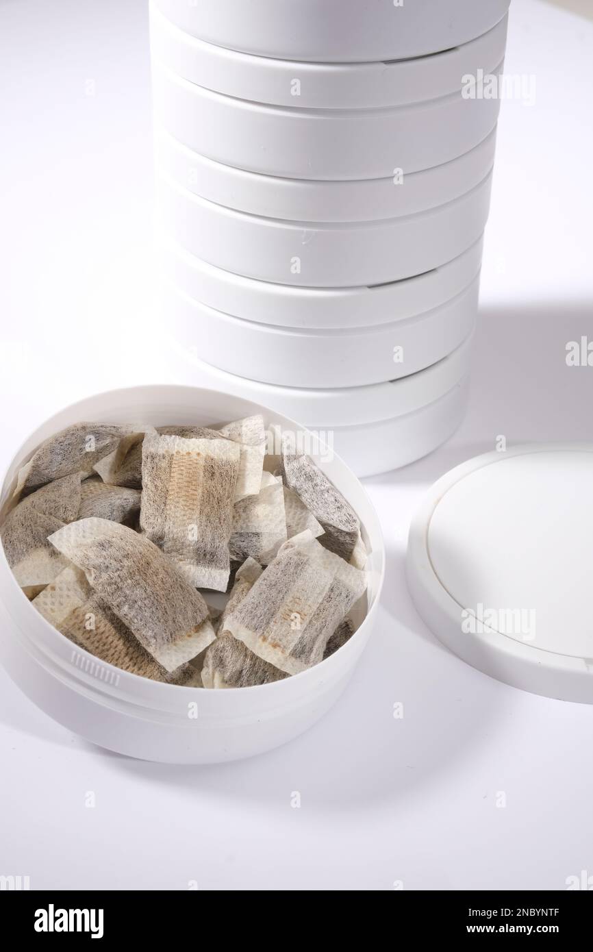 Helsinki / Finland - FEBRUARY 14, 2023. Closeup of a white Swedish snus ...