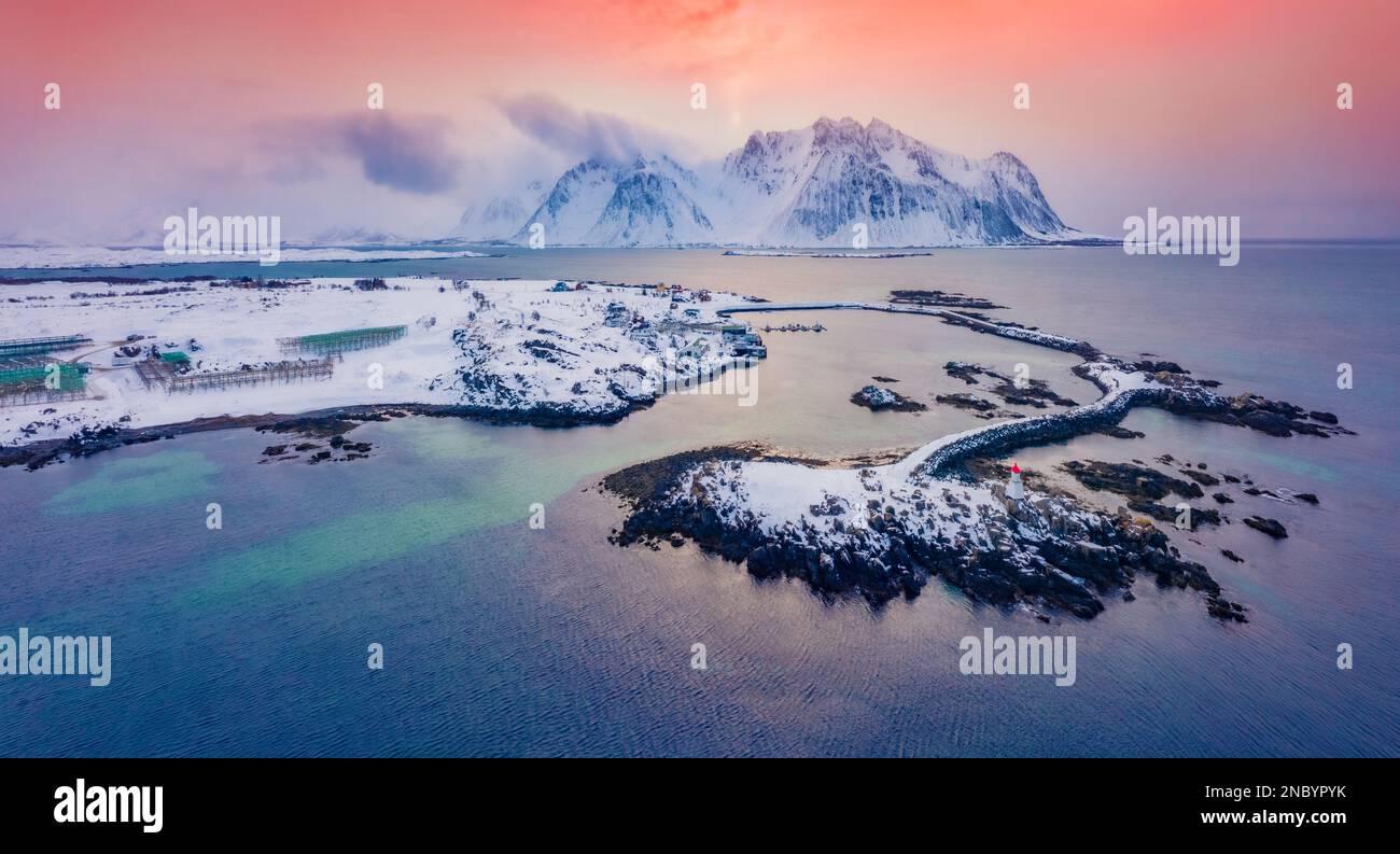 Colorful winter view from flying drone of small fishing village ...