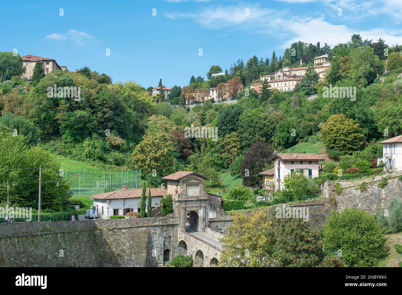the upper town hills and the st. lawrence gate, bergamo, italy Stock ...