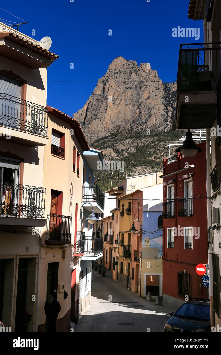 Finestrat, Alicante, Spain- February 5, 2023: Narrow cobbled street and ...