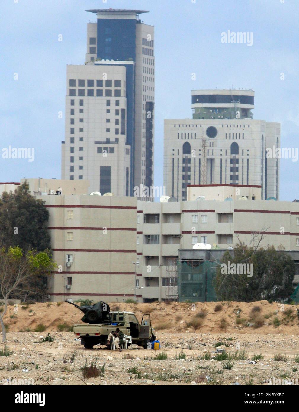 A truck mounted anti-aircraft gun deployed on the outskirts of Tripoli ...