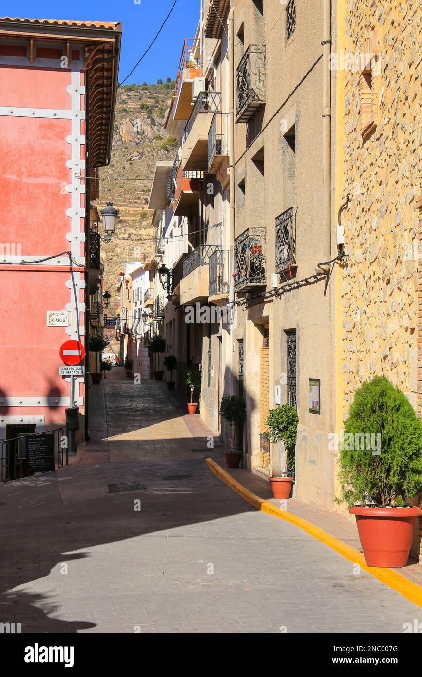 Relleu, Alicante, Spain- February 5, 2023: Narrow cobbled street and ...