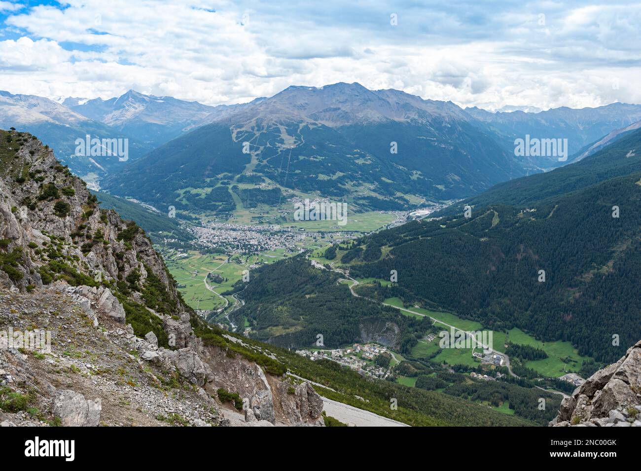 village view and ski slopes towards bormio 3000, bormio, italy Stock ...