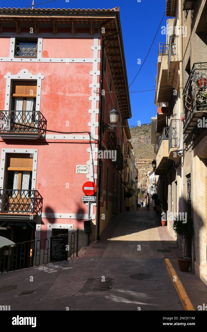 Relleu, Alicante, Spain- February 5, 2023: Narrow cobbled street and ...