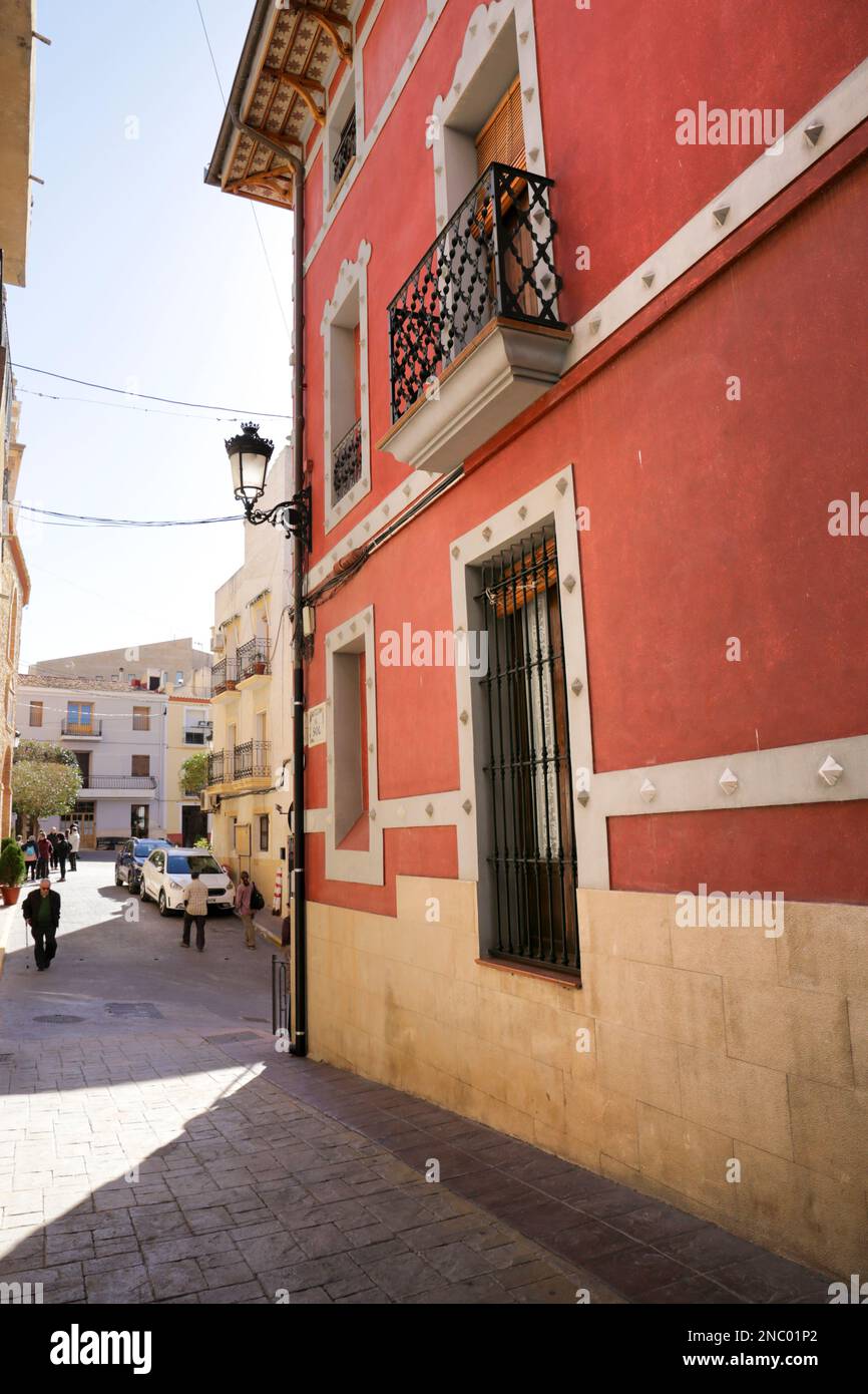 Relleu, Alicante, Spain- February 5, 2023: Narrow cobbled street and ...