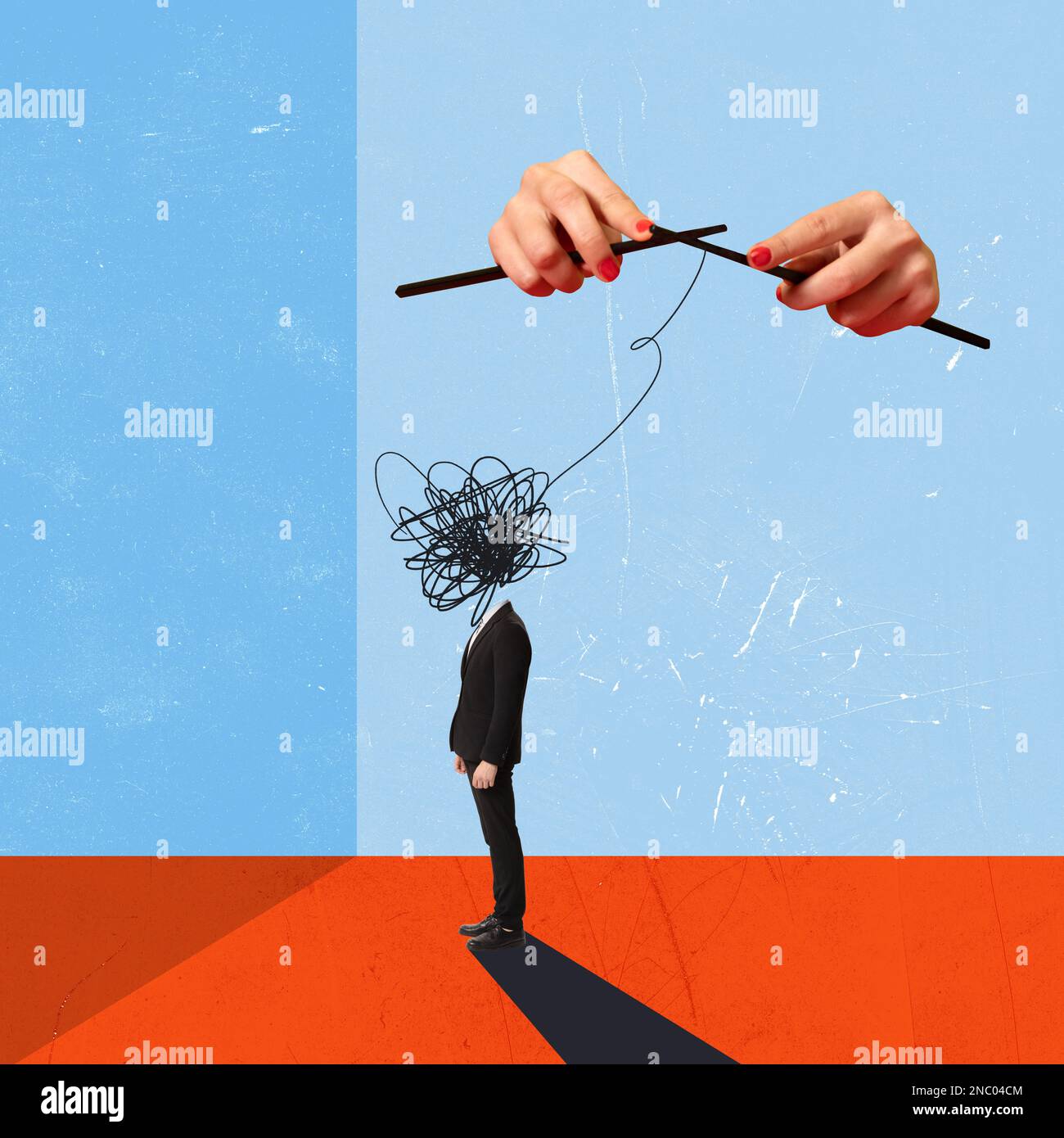 Contemporary art collage with man in official clothes with tangled head ...