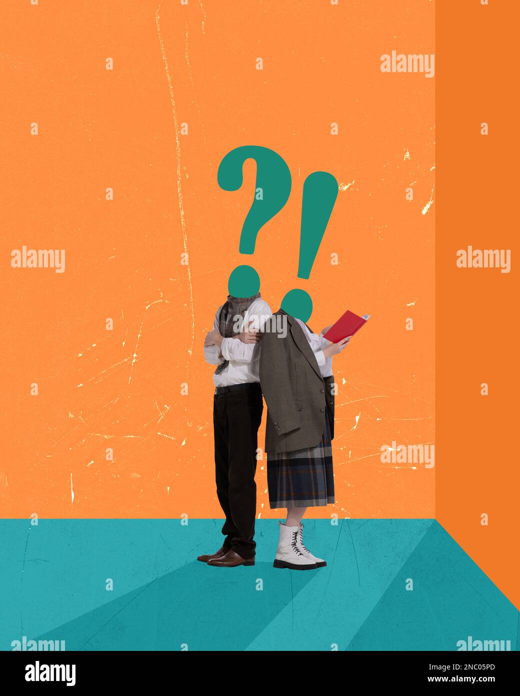 Contemporary art collage of retro couple with exclamation and question ...