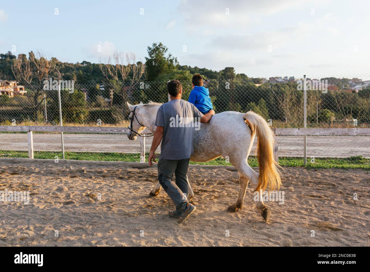 Child with disabilities riding a horse in an equine therapy session ...