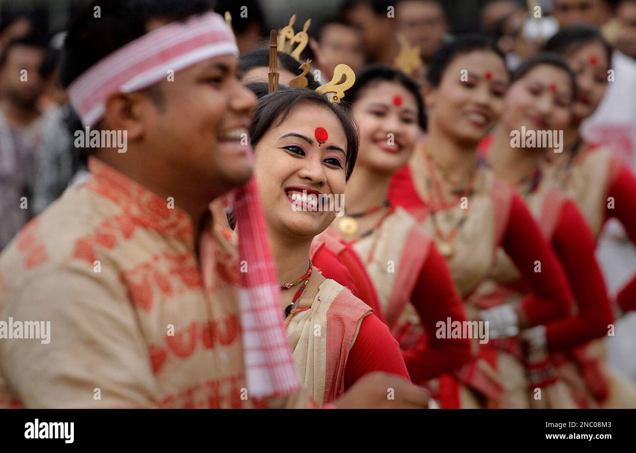 Assamese dancers perform the Bihu, a folk dance, during celebrations to ...