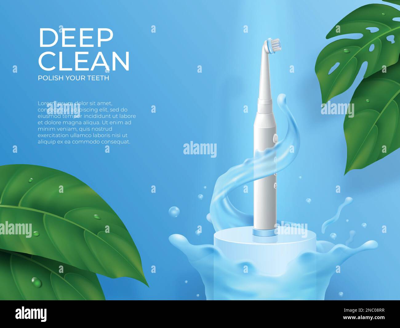 3D toothbrush ad. Water splash. Electric tooth brush on podium. Minimal ...