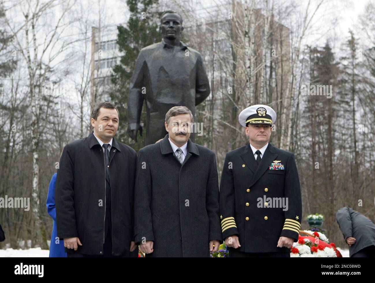 Russian cosmonauts Oleg Skripochka, left, Alexander Kaleri, center, and ...